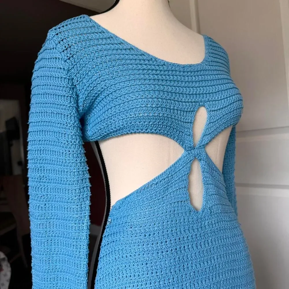 Dresses | Womens Blue Crochet Cut Out Knit Mini Dress S Beach Vacation ...